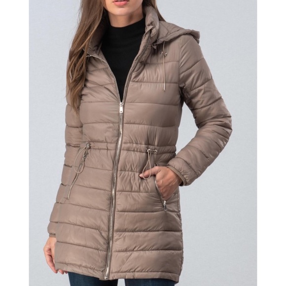 Jackets & Coats | Taupe Puff Long Jacket With Hoodie | Poshmark